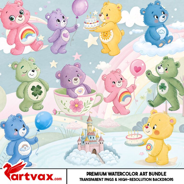 Care Bears PNG Bundle | Cute Watercolor Bear Clipart | Birthday Party ...