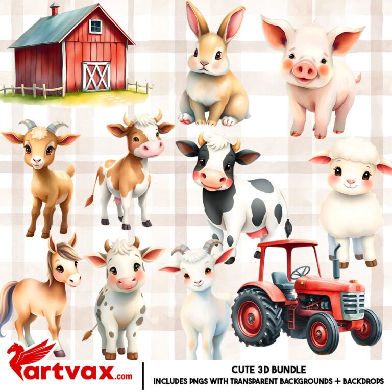 Farm Animals PNG Bundle | Cute 3D Cow, Pig, Goat, Bunny, Tractor ...