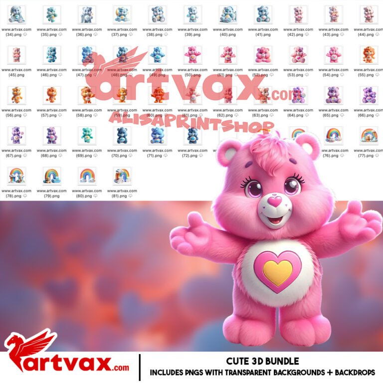 Care Bears Clipart Bundle – Cute 3D Bear PNGs with Rainbow, Hearts ...