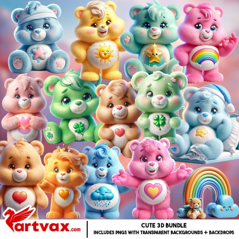Care Bears Clipart Bundle – Cute 3D Bear PNGs with Rainbow, Hearts ...
