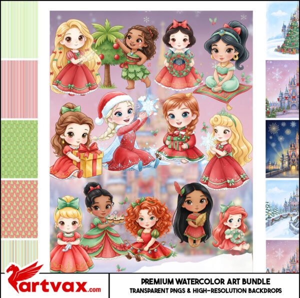 Watercolor Princess Christmas Clipart | Disney Holiday PNGs | Digital ...