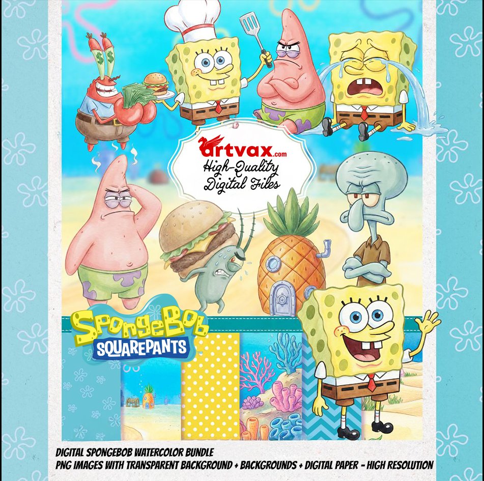 SpongeBob Watercolor PNG Bundle | Patrick Star Squidward Mr. Krabs ...